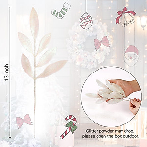 Sggvecsy 40 Pieces Artificial Glitter Leaf White Glittered Spray Picks 13’’ Fake Floral Leaf Branches Xmas Decoration for Christmas Tree DIY Wreath Crafts Gift Home Garden Decoration(White,40 Pieces)