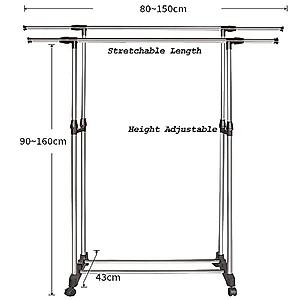 RUYICZB 2 Layer Floor Clothes Drying Rack Metal Drying Double Pole Clothes Rack with Wheels, Large Stainless Steel Expandable Clothes Drying Rack, Towel Rack for Indoor and Outdoor Use