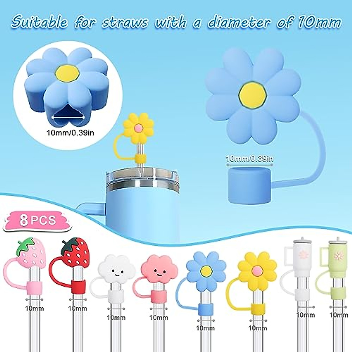 8Pcs 10mm Straw Covers Cap Toppers Compatible with Stanley 30&40 Oz Tumbler with Handle, Reusable Silicone Straw Tips Lids Protectors for Stanley Cups Straws Accessories