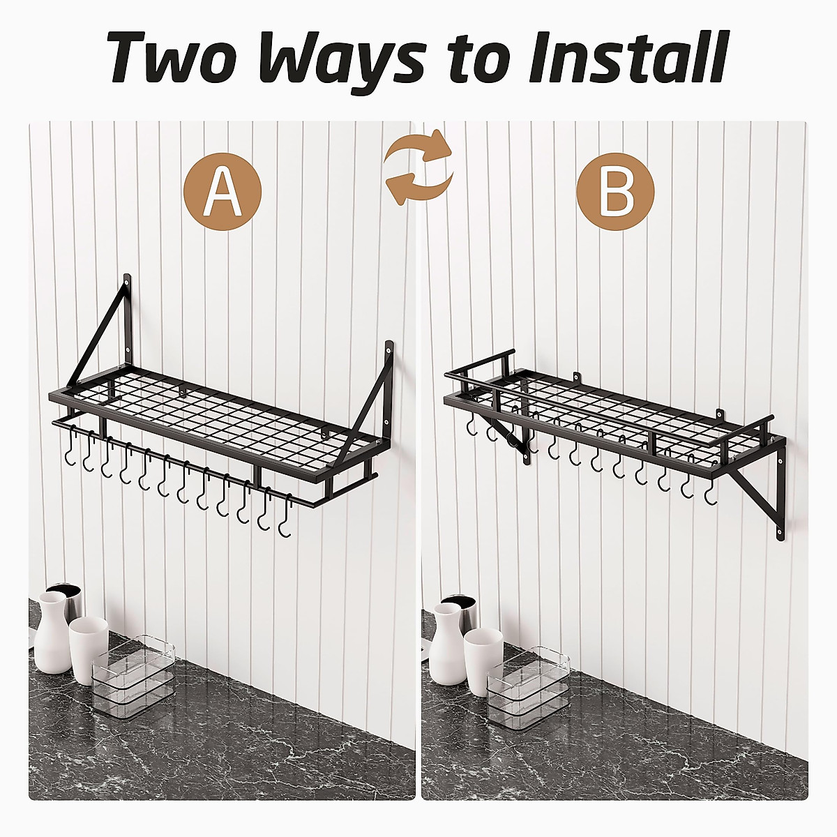 KES 30-Inch Kitchen Pan Pot Rack Wall Mounted Hanging Storage Organizer Wall Shelf with Hooks Matte Black, KUR215S75A-BK