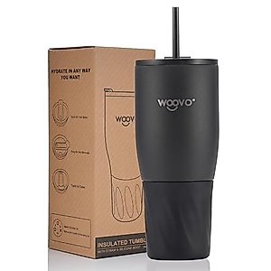 WOOVO 30 oz Tumbler with Lid and Straw - Insulated Double Wall Stainless Steel Water Bottle with SIlicone Boot - BPA Free Dishwasher Safe Tumbler, Reusable 30oz Travel Cup Stay Hot Cold - Black