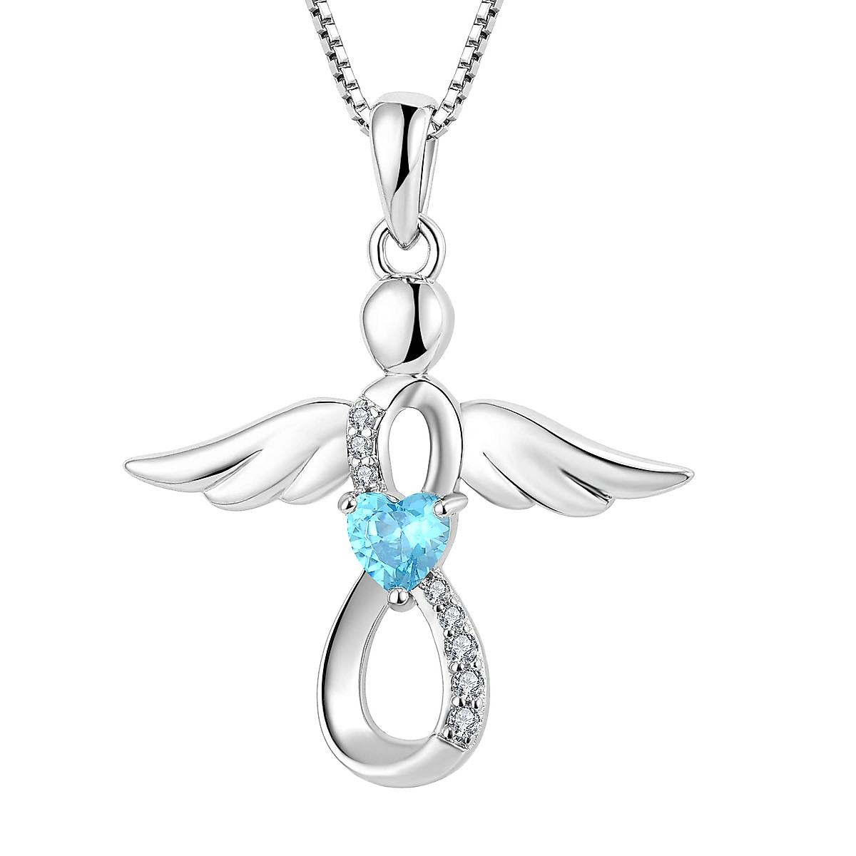 FJ Guardian Angel Necklace 925 Sterling Silver Infinity Aquamarine Necklace March Birthstone Pendant Angel Jewelry Gifts for Women