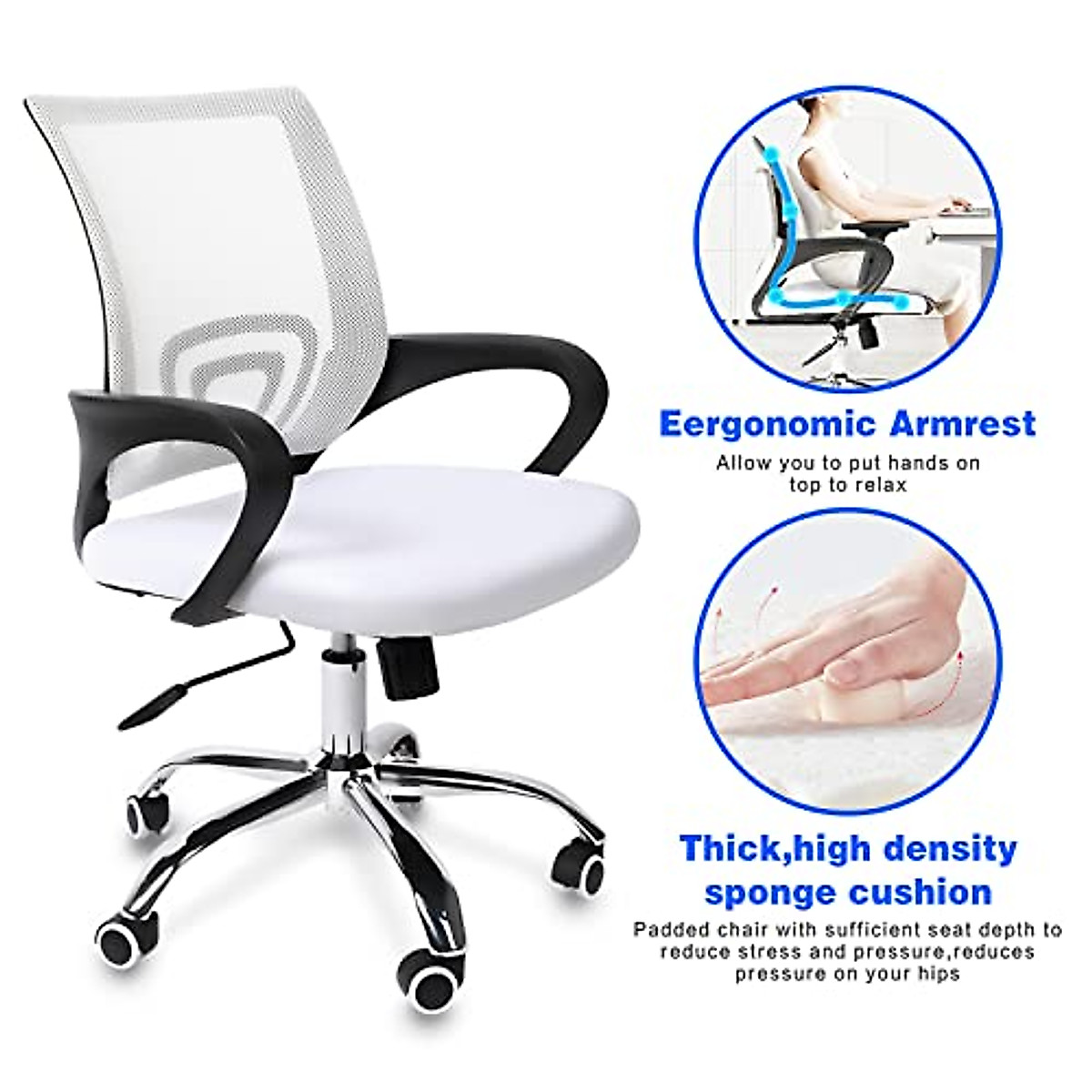 YSSOA Task Mesh Computer Wheels and Arms and Lumbar Support Study Chair for Students Teens Men Women for Dorm Home Office, Adjustable Height, White