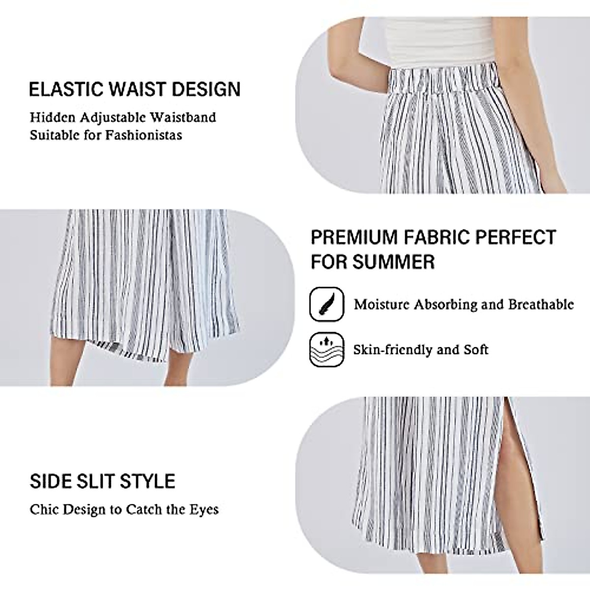 Asoran Linen Pants for Women, Wide Leg Elastic Flowy Pants with Side Slit, Women’s Casual Loose High Waist Pants