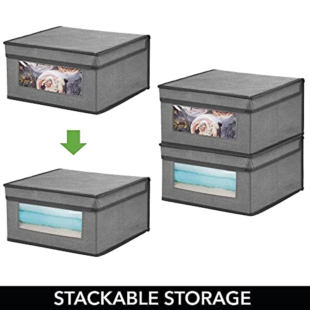 mDesign Medium Fabric Stackable Closet Storage Organizer Box with Front Window/Lid for Bedroom, Office, Mudroom Organization, Hold Clothes, Blankets, Linens, Lido Collection, Dark Gray/Black