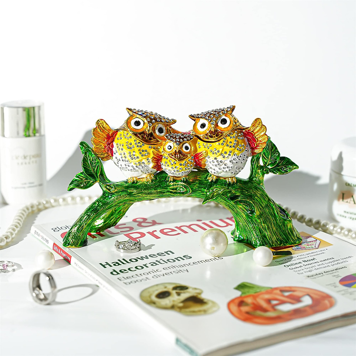 YU FENG 6.9inch Hand-painted Enamel Owl Family On Branch Figurine Trinket Box Collectible Hinged Jewelry Organizer Ring Earrings Storage Unique Home Decor Gift
