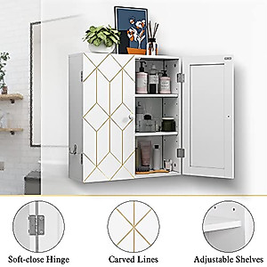 AZODY Bathroom Cabinet with Gold Trim, Wall-Mounted Bathroom Cabinet Storage Cabinet with Adjustable Shelves and Side Hooks, Space Saver Medicine Cabinet for Livingroom, Laundry, Frameless White