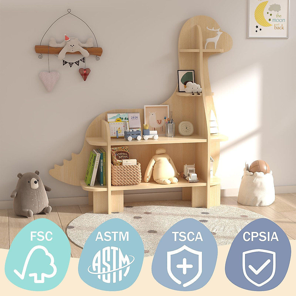 Dinosaur Kids Bookshelf, Wooden Kids Bookshelf and Toy Storage, Wood 4-Tier Montessori Bookshelf for Kids, Durable Bookcase, Eco-Safe Toddler Bookshelf, Toy Organizer for Kids Room, Playroom, Nursery