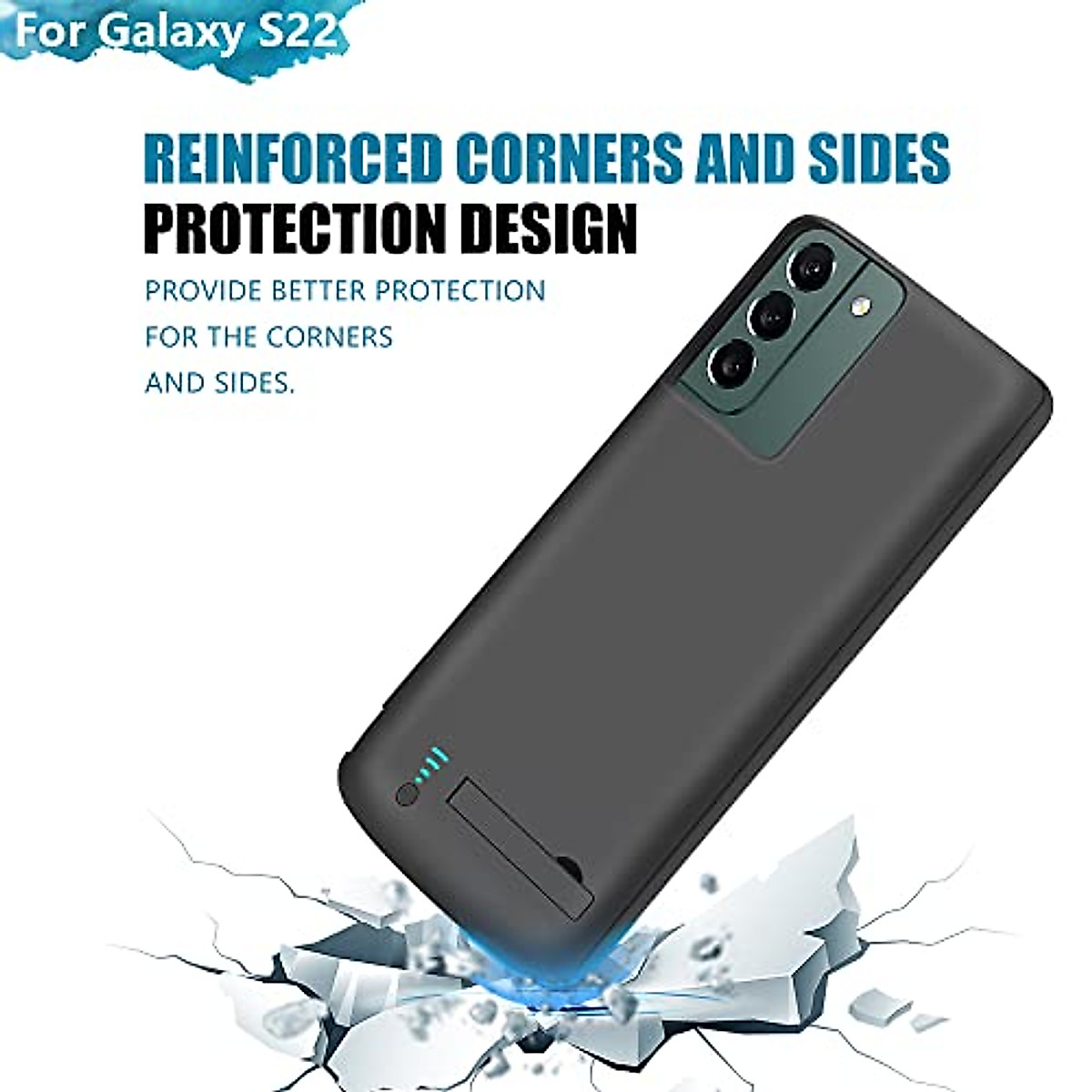 RUNSY Battery Case for Samsung Galaxy S22, 4800mAh Rechargeable Extended Battery Charging Charger Case, Add 100% Extra Juice, Not Compatible with S22+ or S22 Ultra (6.1 inch) Black