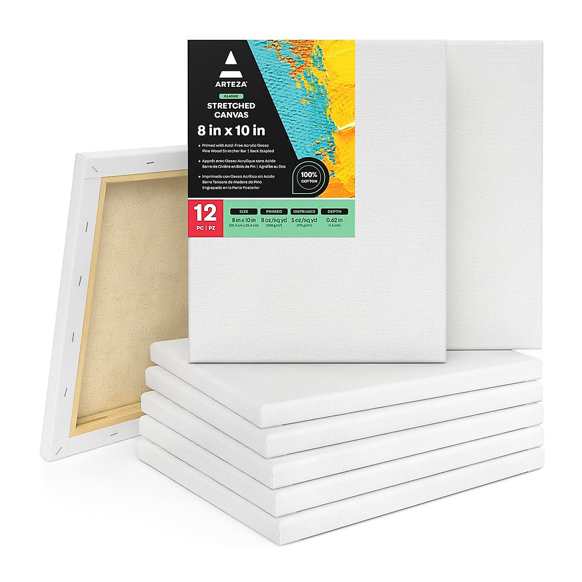 ARTEZA Stretched Canvas, 8 x 10 Inches, Pack of 12, Blank White Canvas for Painting for Acrylic, Oil and Gouache Paints