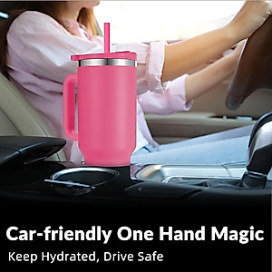 WETOWETO 40oz Tumbler with Handle | Insulated Stainless Steel Travel Mug | 34Hrs Cold & 10Hrs Hot Retention | 100% Leakproof Lid & Straw | Dishwasher Safe + Car Cup Holder Fit (Bright Pink)