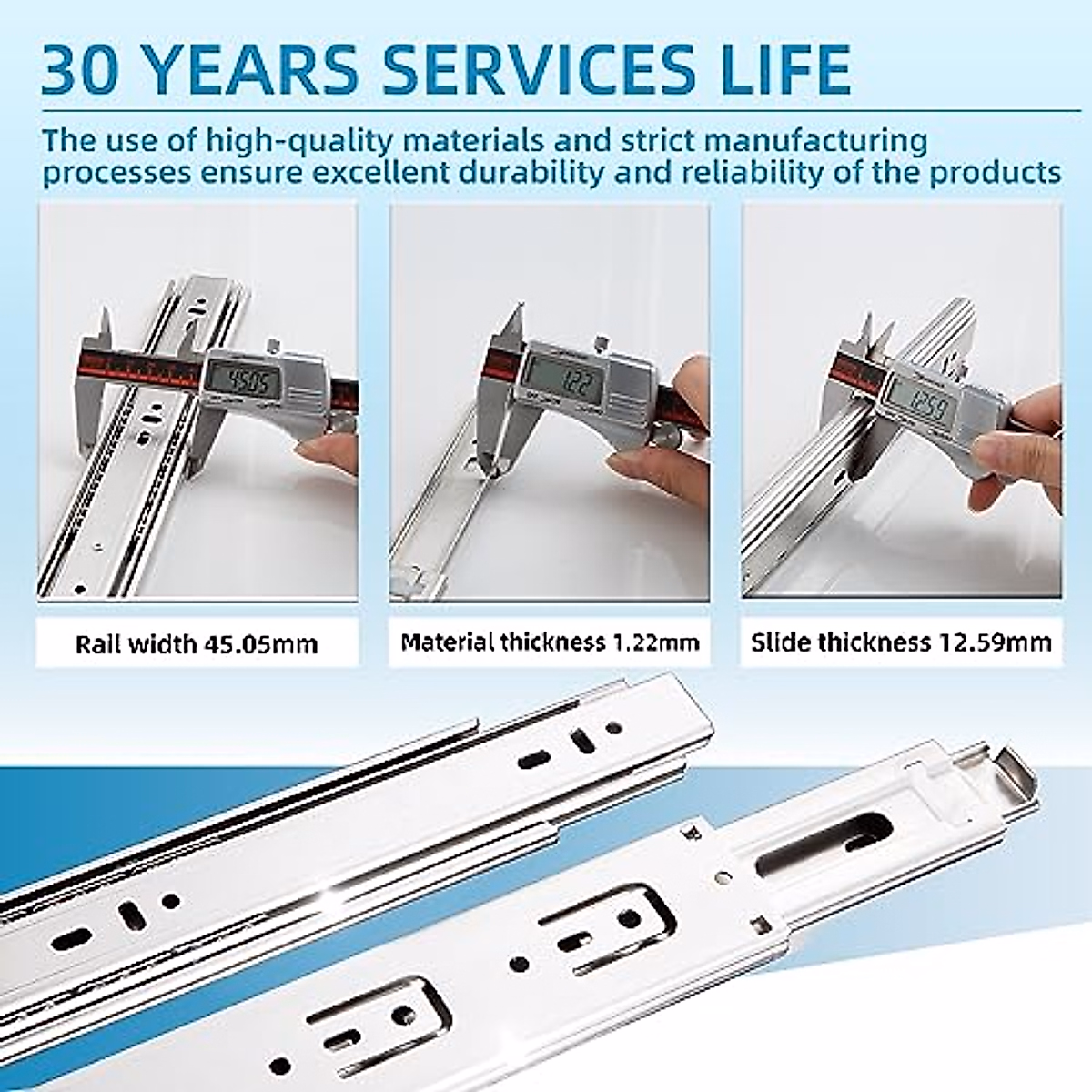 BAIDICE 1 Pair Stainless Steel Full Extension Ball Bearing Drawer Slides 8 10 12 14 16 18 20 22 24 Inch 100 LB Load Capacity Side Mount Cabinet Rails Dresser Metal Runners Kitchen Slider Glides