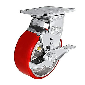 5" x 2" Heavy Duty Swivel Caster Set of 4 - Red Polyurethane on Steel Core with Brakes - 4,400 lbs Per Set of 4 - Toolbox Casters - CasterHQ