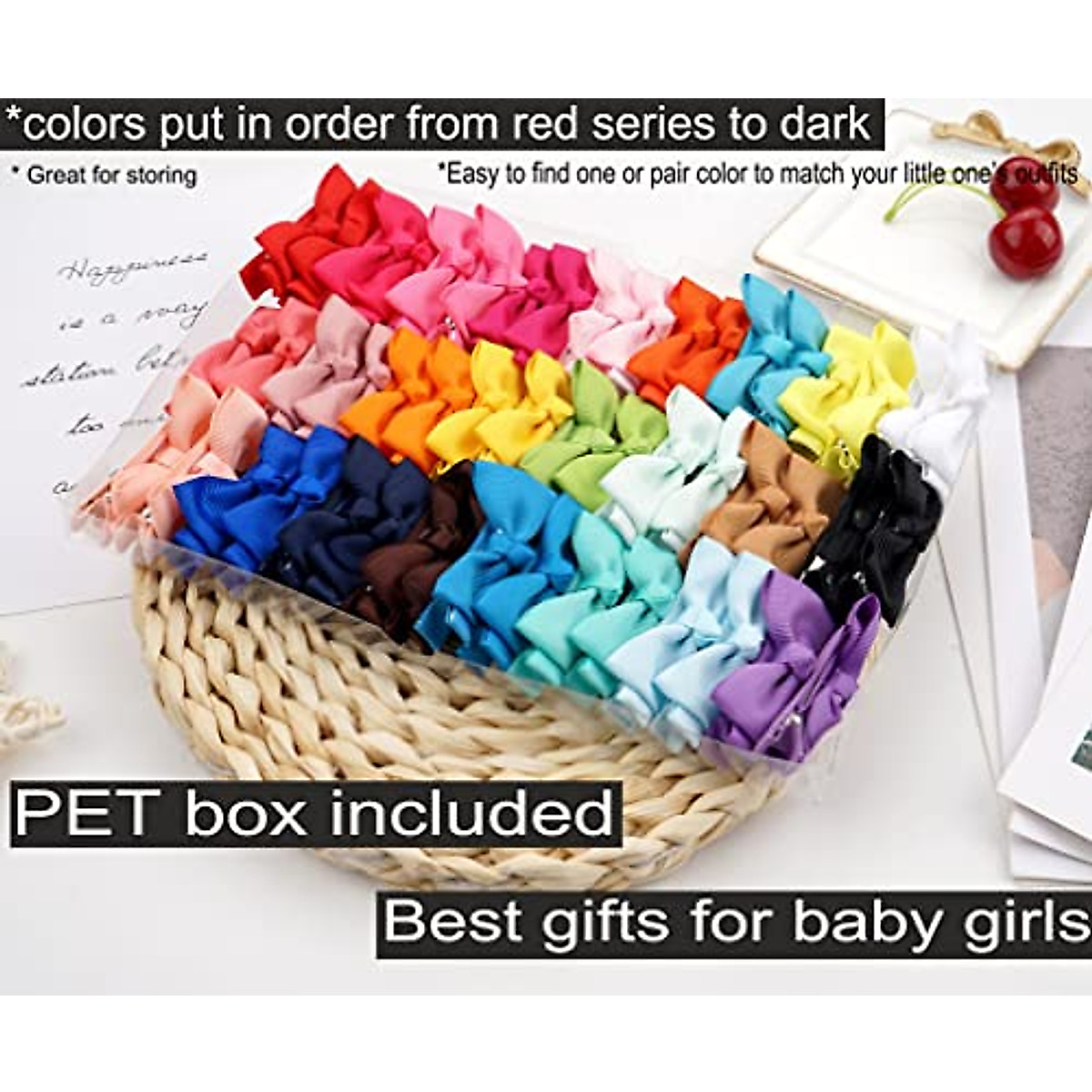 CELLOT Baby Hair Clips Baby Girls Fully Lined Baby Bows Hair Pins Tiny 2" Hair Bows Alligator Clips for Girls Infant Toddlers (2 Inch (Pack of 50), 25 Colors In pairs)