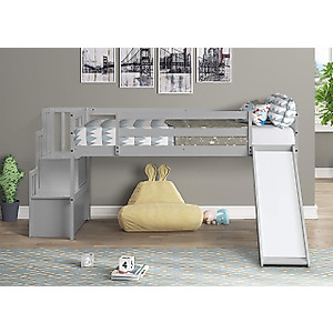 Harper & Bright Designs Twin Loft Bed with Slide and Stairs, Solid Wood Kids Loft Bed with Full-Length Safety Guardrails, for Girls Boys – Gray
