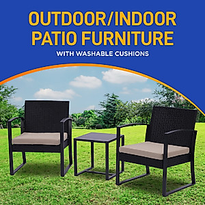 Patio Outdoor Rattan Furniture Set, 3 Pcs. Per Set - Includes 2 Single Chairs with Soft Cushion and 1 Glass-top Coffee Table, Black Weather-Resistant Resin Wicker Rattan