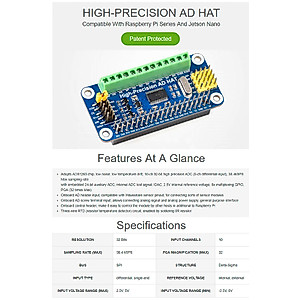 High-Precision AD HAT ADS1263 10-Channel 32-Bit ADC SPI Bus Low Noise Low Temperature Drift,for Raspberry Pi 4B/3B+/3B/2B/Zero/Zero W/Zero WH/2W and Jetson Nano