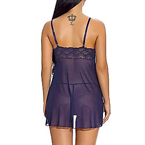 Funic Women Lingerie Lace Bow Sexy Lingerie V Neck Babydoll Sleepwear Set Nightdress(Blue,Asian S = US XS)