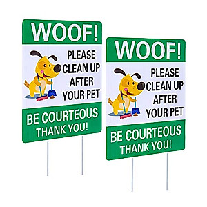 WaaHome Pack of 2 Double Sided Woof Please Clean Up After Your Pet Yard Signs with Stakes, 8"X12" Funny No Poop Pee Dog Yard Sign Lawn Sign