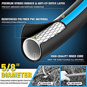 GREENER Heavy Duty Garden Hose 50ft, 5/8" Flexible Hybrid Rubber Hose, Kink-resistant Water Hose with Leakproof Swivel Grip, 3/4in Solid Fittings and Functional Nozzle, For Outdoor Garden Lawn,Blue