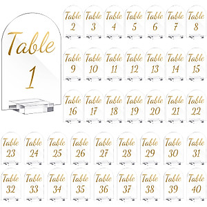 Qunclay 40 Pack 4 x 6 Inch Gold Acrylic Wedding Table Number 1-40 Clear Wedding Table Stand with Numbers Calligraphy Table Number Holders Table Signs for Wedding Reception Centerpieces Decorations