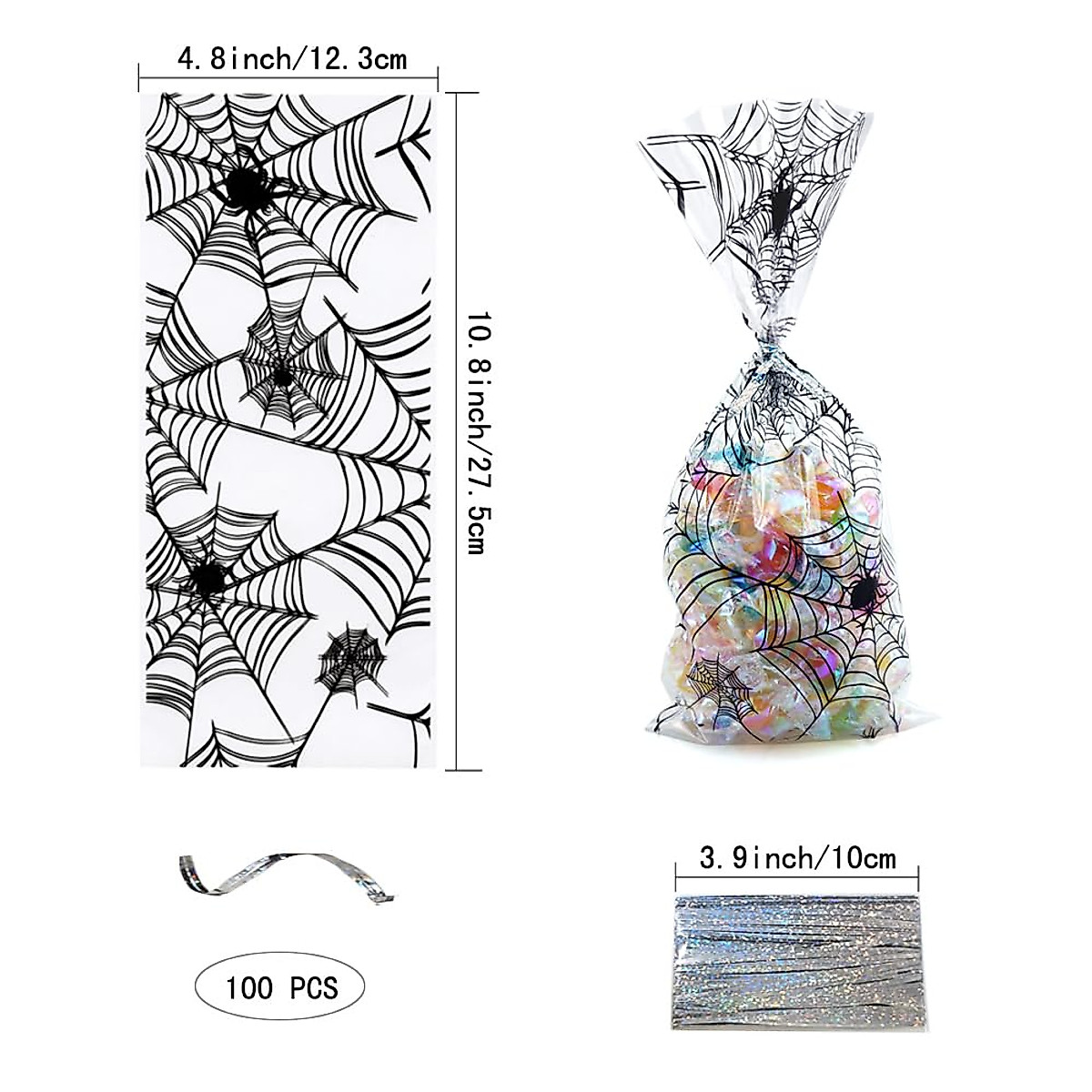 FAZHBARY 100 PCS Halloween Cellophane Bags Black Spider Halloween Goodie Bags Candy Spider Web Treat Bag Cello Bags Gift Bags for Party Wrapping Supplies