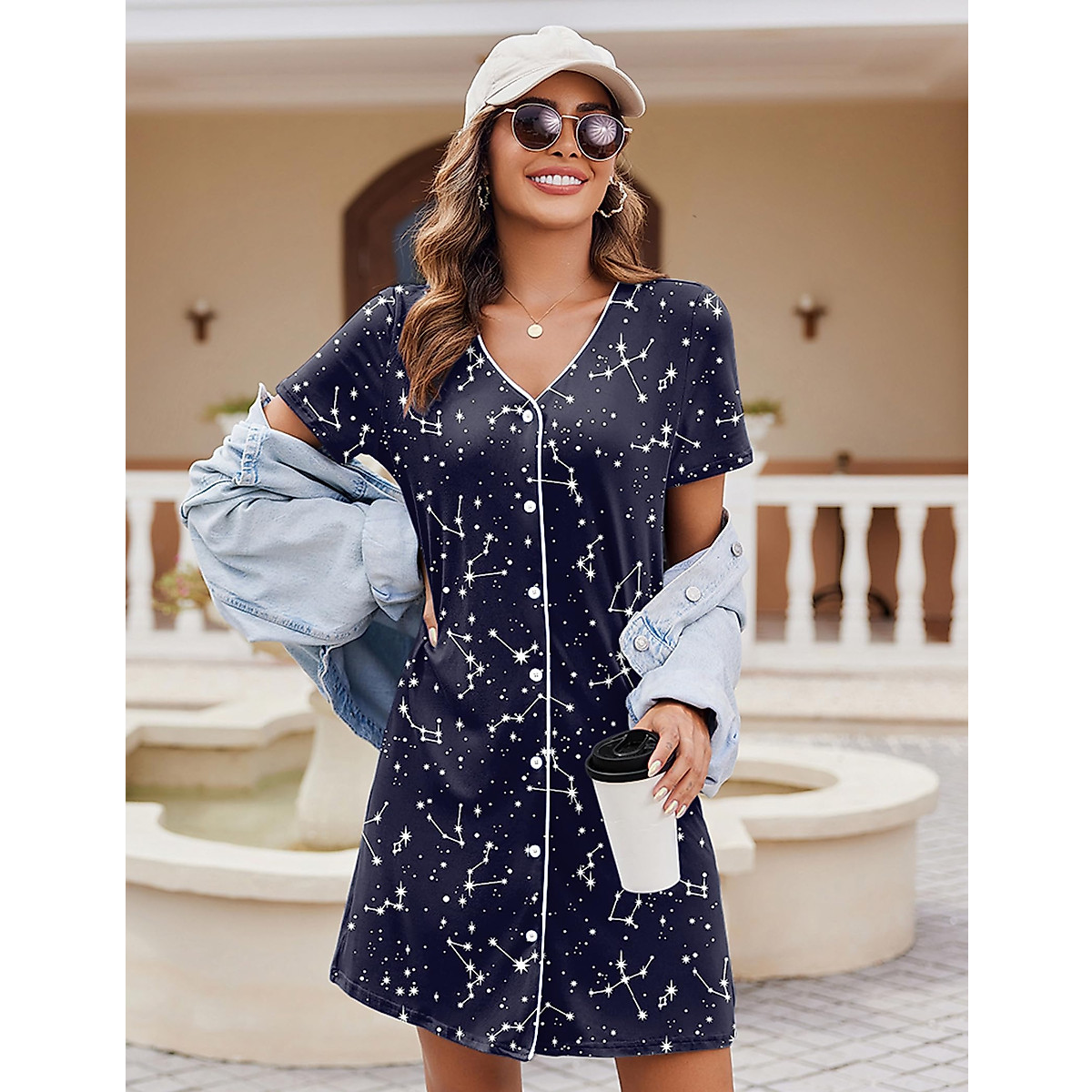 Ekouaer Women's Nightgown Button Down Nightshirt Short Sleeve Sleepshirt Soft V Neck Sleepwear Pajama Dress Navy Star XL