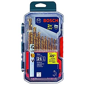 BOSCH TI21A 21-Piece Assorted Set Titanium Nitride Coated Metal Drill Bits with Included Case with Three-Flat Shank for Applications in Heavy-Gauge Carbon Steels, Light Gauge Metal, Hardwood
