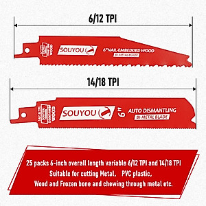 Souyou 25 Pack 6 Inch 6/12 Tpi Reciprocating Saw Blade Bi-Metal Steel Demon with Perma-Shield Coating for Cutting Wood Metals