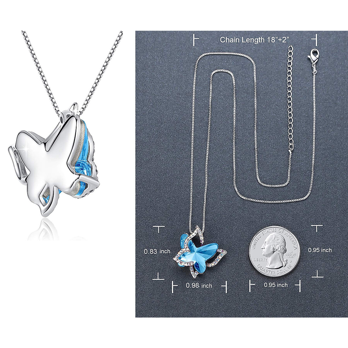 GEMMANCE Butterfly Crystal Necklace with Aquamarine Blue Birthstone for March and December, Silver-Tone, 18”+2” Chain
