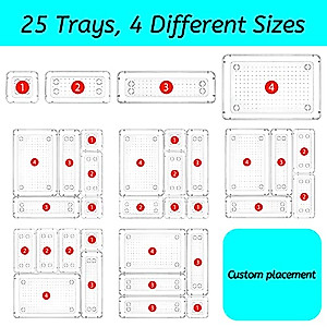 25 PCS Clear Drawer Organizers Set, 4 Sizes Plastic Vanity Drawer Organizers and Storage Bins, Desk Drawer Organizer Trays with Non-slip Silicone Pads for Makeup