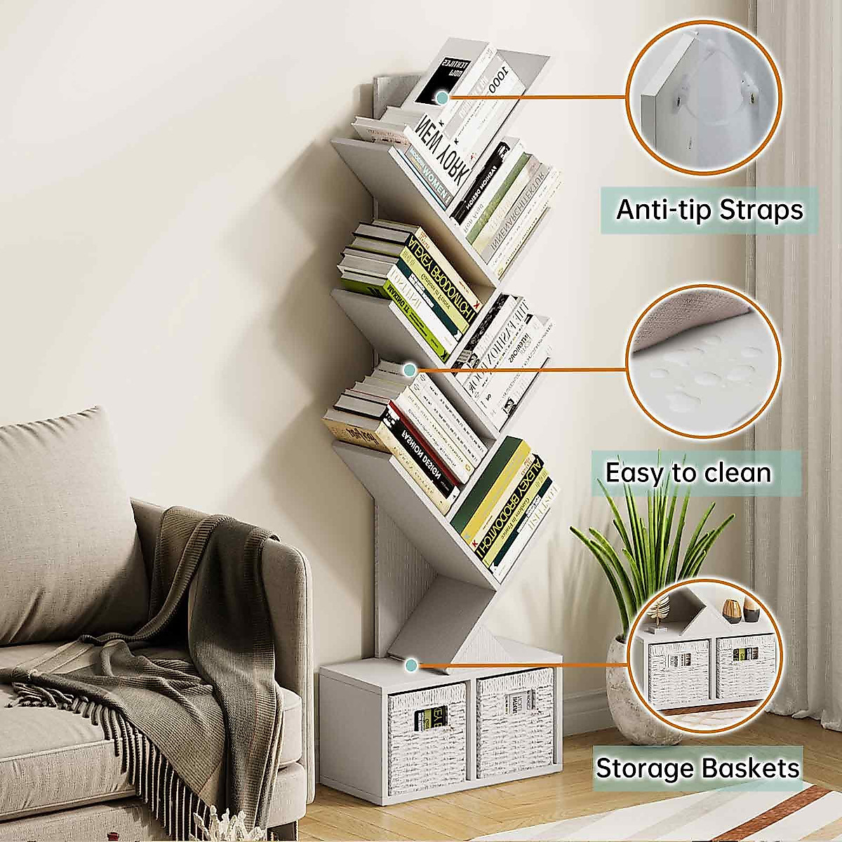 Vagusicc Tree Bookshelf, 6 Tier Bookshelf with Storage, Tall Narrow Bookcase, Wood Book Storage Rack for CDs/Books, Small Book Organizer Shelves for Bedroom, Living Room, Home Office, White