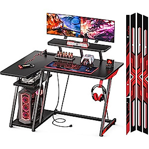 MOTPK Gaming Desk with Power Outlet, L Shaped with PC Shelf, Gaming Table Desk with Monitor Shelf, Gamer Desk with Carbon Fiber Texture, Desk Gaming Computer Desk, Black, 39 Inch