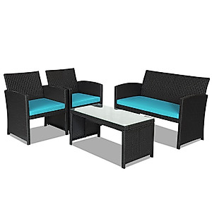 Goplus Rattan Patio Furniture Set 4 Pieces, Outdoor Wicker Conversation Sofa and Table Set with Soft Cushions & Tempered Glass Coffee Table for Balcony Garden Backyard (Turquoise)
