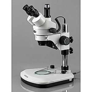 AmScope SM-1TZ-PL-5M Digital Professional Trinocular Stereo Zoom Microscope, WH10x Eyepieces, 3.5X-90X Magnification, 0.7X-4.5X Zoom Objective, Upper and Lower LED Lighting, Large Pillar-Style Table Stand, Includes 0.5X and 2.0X Barlow Lenses and 5MP Came