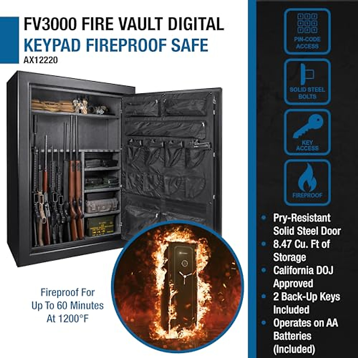 BARSKA Digital Keypad Fireproof Security Long Gun Safe Vault with Lock Out Mode, Silent Mode, Safe Alarm, Low Battery Warning - 19.97 Cu Ft