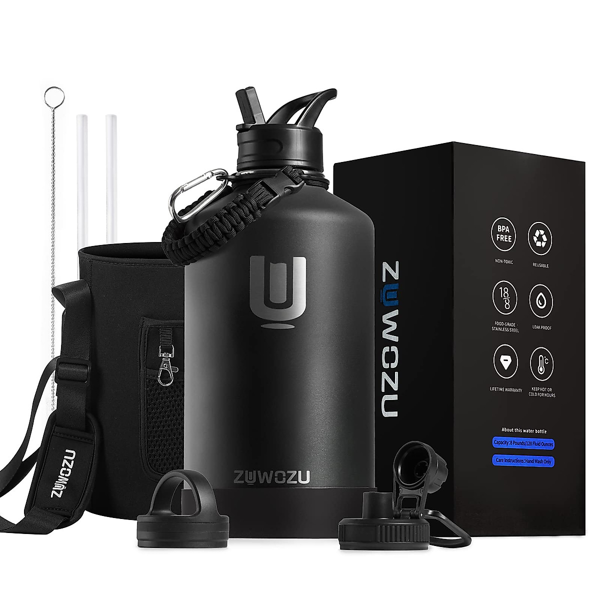 ZUWOZU 1 Gallon Water Bottle Insulated, 128oz Large Stainless Steel Water Bottles with Straw, Spout & Handle Lid, Big 1 Gallon Water Jug with Carrier Bag w/Strap, Perfect for Hot&Cold Drinks,Black