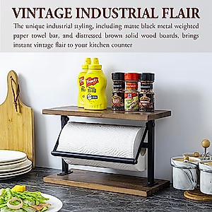 MyGift Kitchen Countertop Paper Towel Holder and Condiment Display Shelf Rack, Rustic Burnt Wood and Metal Towel Dispenser with Top Shelf for Bathroom or Kitchen