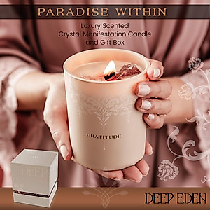 Luxury Crystal Candle for Women - Velvet Rose & Patchouli Scented Aromatherapy Candle - Manifestation Candle with Strawberry and Clear Quartz Crystals -7.4oz Natural Coconut, Soy Wax Wood Wick Candles