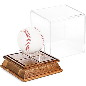 Tebery Baseball Display Case Wooden Stand, UV Protected Acrylic Cube Baseball Holder, Memorabilia Autograph Base Display Case with Clear Cover, Square Storage Stand Box, Fits Official Size Ball