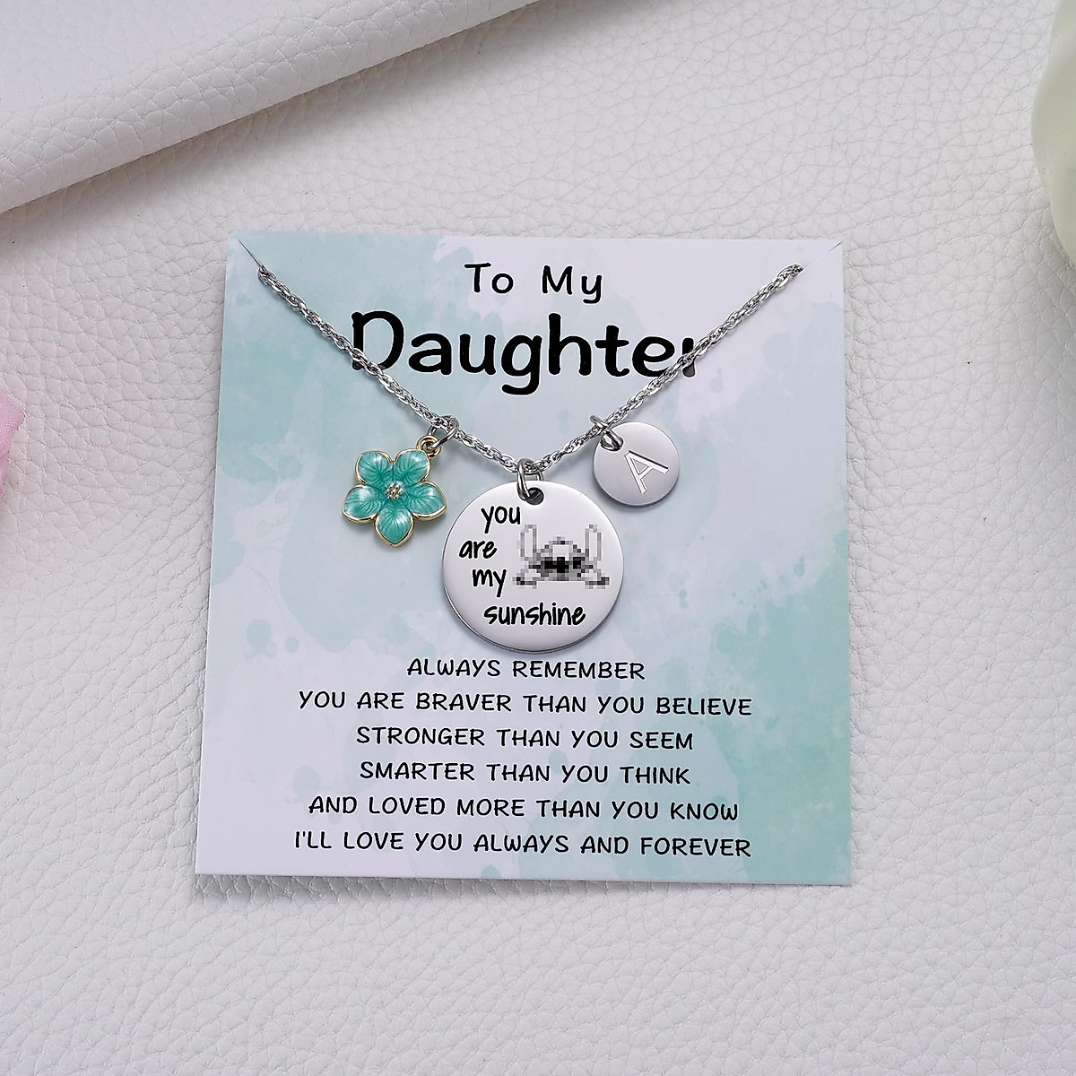 MIXJOY To My Daughter Stitch Gifts You are My Sunshine Initial A Stitch Necklace&Sentimental Message Card for Teen Young Daughter Lilo and Stitch Jewelry Birthday
