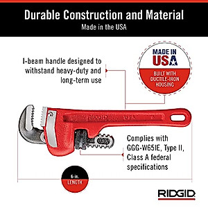 RIDGID 31000 Model 6 Heavy-Duty Plumbing Straight 6" Pipe Wrench, Red, Made in the USA