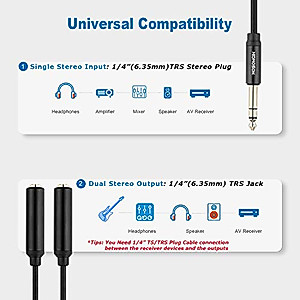 HOSONGIN 1/4 inch TRS Stereo Splitter Y Cable 1.6Ft, 1/4 Inch 6.35mm Stereo Male Plug to Dual 1/4 Inch 6.35mm Female Jack, Black Aluminum Alloy Shell Gold Plated Plug Socket