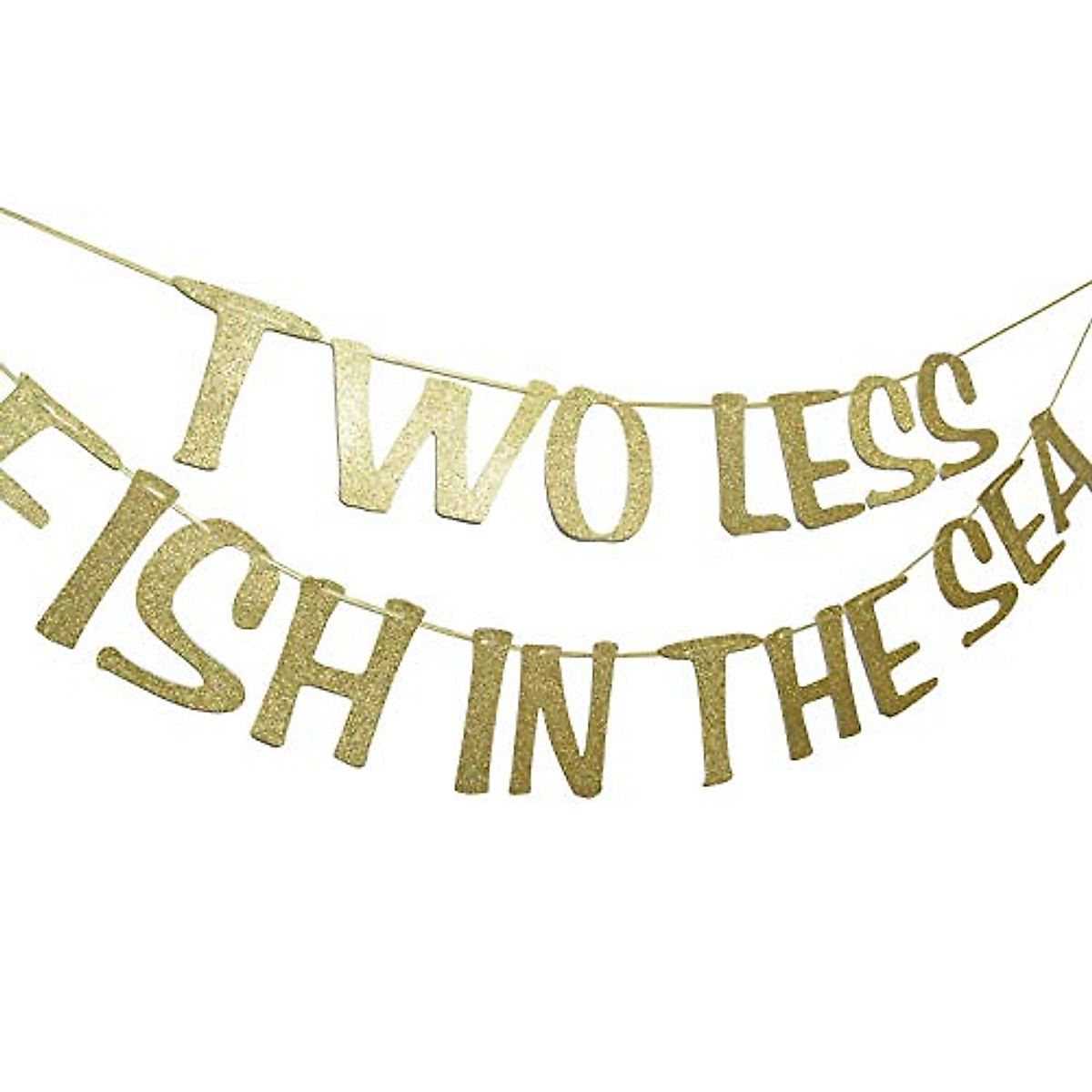 Qttier Two Less Fish in The Sea Banner Sign Garland Gold Glitter for Engagement Bridal Shower Wedding Bachelorette Decorations Nautical Theme Decor Photo Booth Props