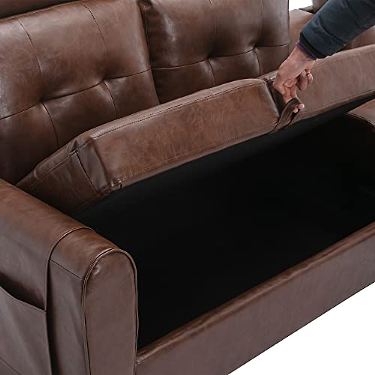 FANYE L-Shaped Corner Sectional Reversible Storage Chaise, Modern Convertible Sofa & Couch W/Headrest and Cupholders for Home Apartment Office Living Room, Brown PU Leather