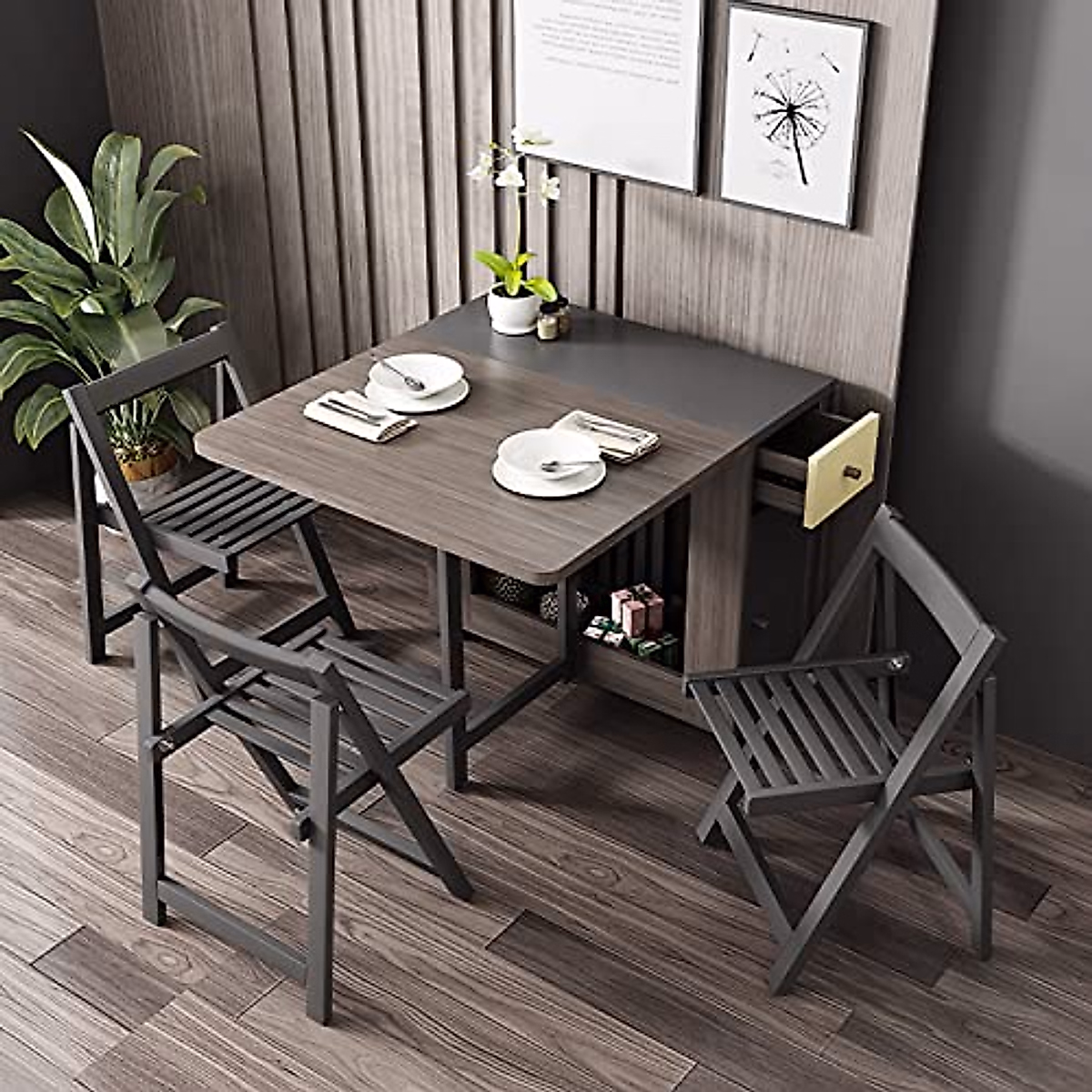 Folding Dining Table Set, Mobile Drop Leaf Dining Kitchen Table with 4 Chairs, Wood Simple Storage Table with 2 Wheels for Kitchen Dining Room Living Room Family Gathering. (1.5M)