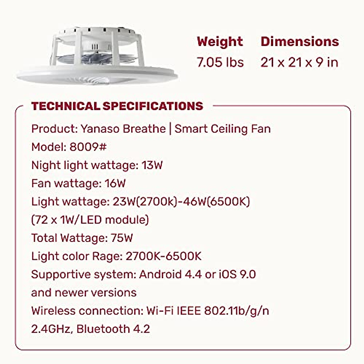 YANASO Ceiling Fan with Light Modern Bladeless Ceiling Fan with Remote Control Smart LED Dimmable Lighting Indoor Low Profile Ceiling Fan Flush Mount (Black)