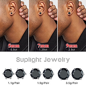 Suplight Womens Mens Earrings 925 Sterling Silver Black Cubic Zirconia Stud Earrings for Women 9mm