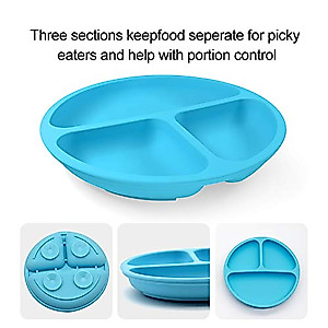 3 Pack Safe Silicone Baby Suction Plates - Toddler Divided Plate Set with Spoon Fork, Dishwasher and Microwave Safe (Blue, Green & Gray)