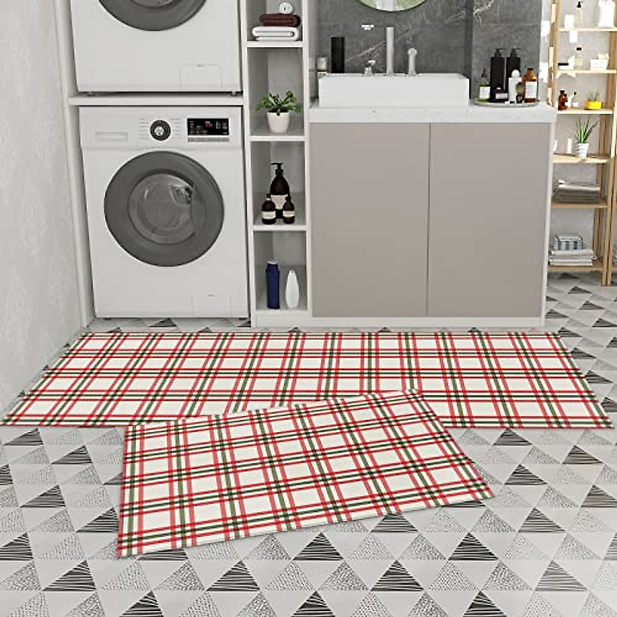Miaklek Christmas Farmhouse Lattice Kitchen Mats for Floor Anti Fatigue Mats for Kitchen Floor Kitchen Rugs Cushioned Mats Non Slip Comfort Standing Kitchen Rugs Set of 2, Red and Green Plaid
